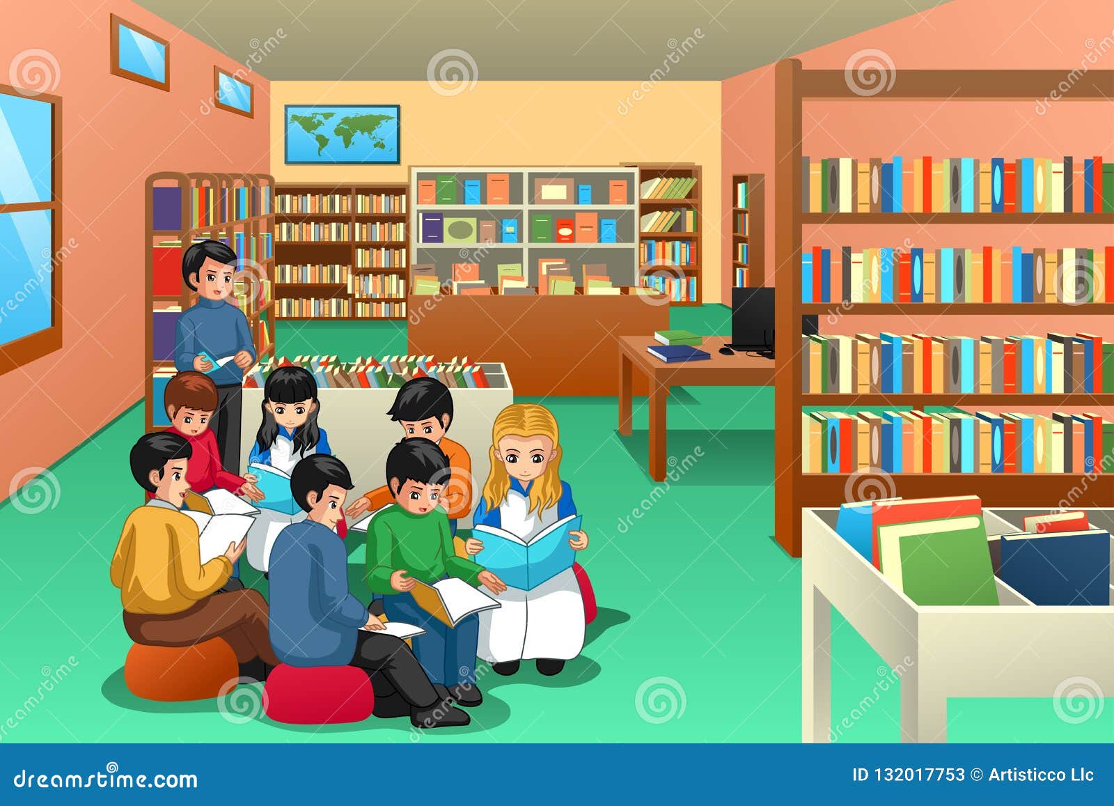 Group of School Kids Studying in Library Illustration Stock Vector ...