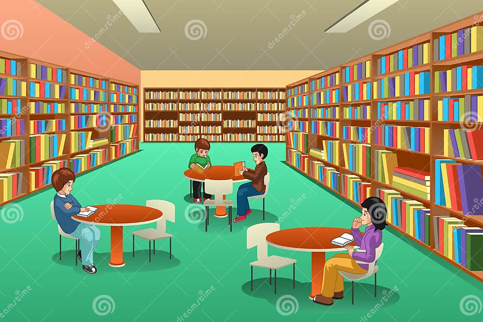 Group of School Kids Studying in Library Illustration Stock Vector ...