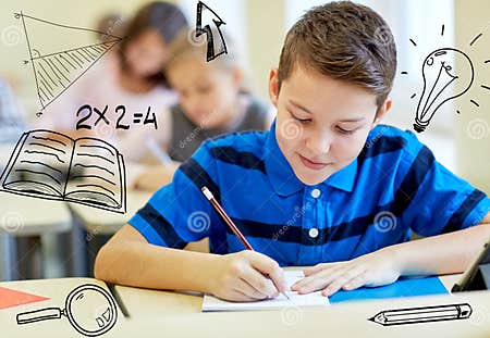 Group of School Kids Writing Test in Classroom Stock Photo - Image of ...