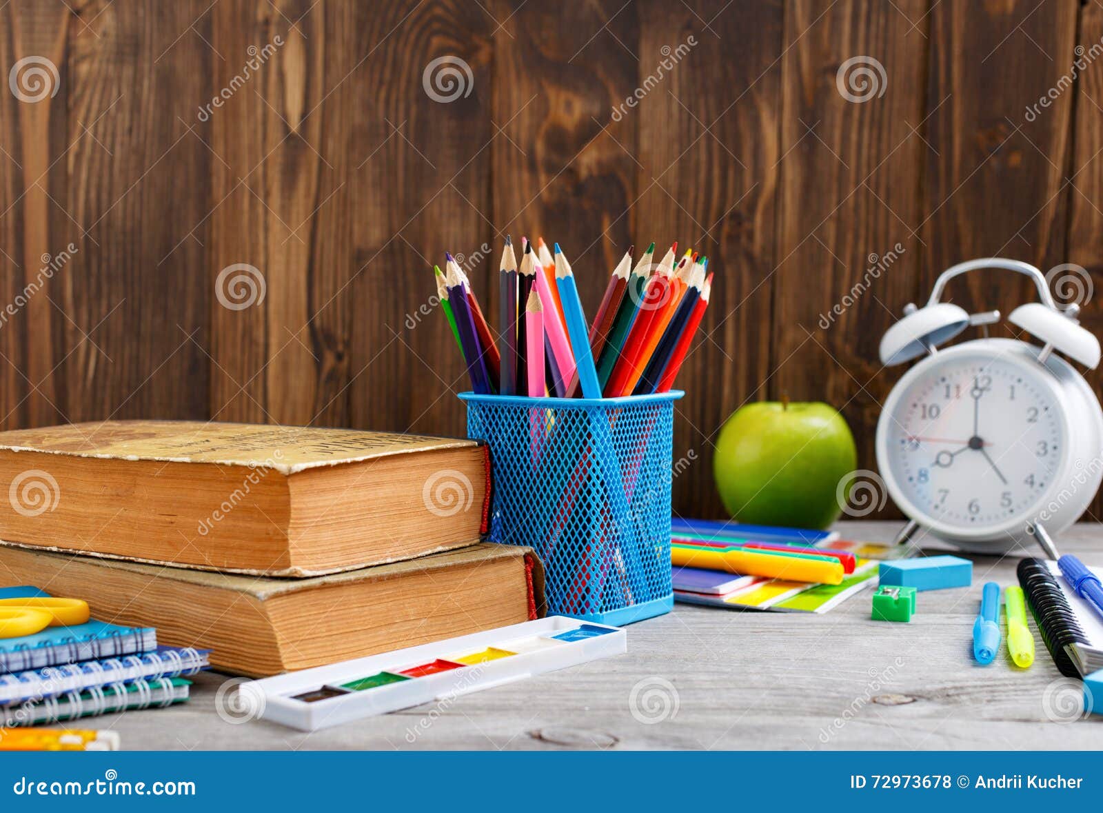 Group of School Supplies on Wooden Table Stock Photo - Image of ...