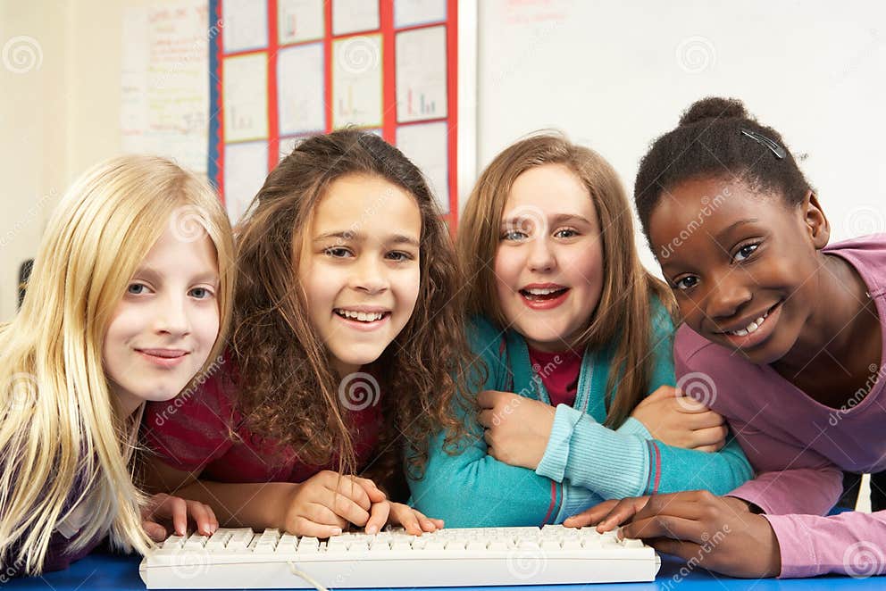 Group of Schoolgirls in it Class Stock Image - Image of learning ...