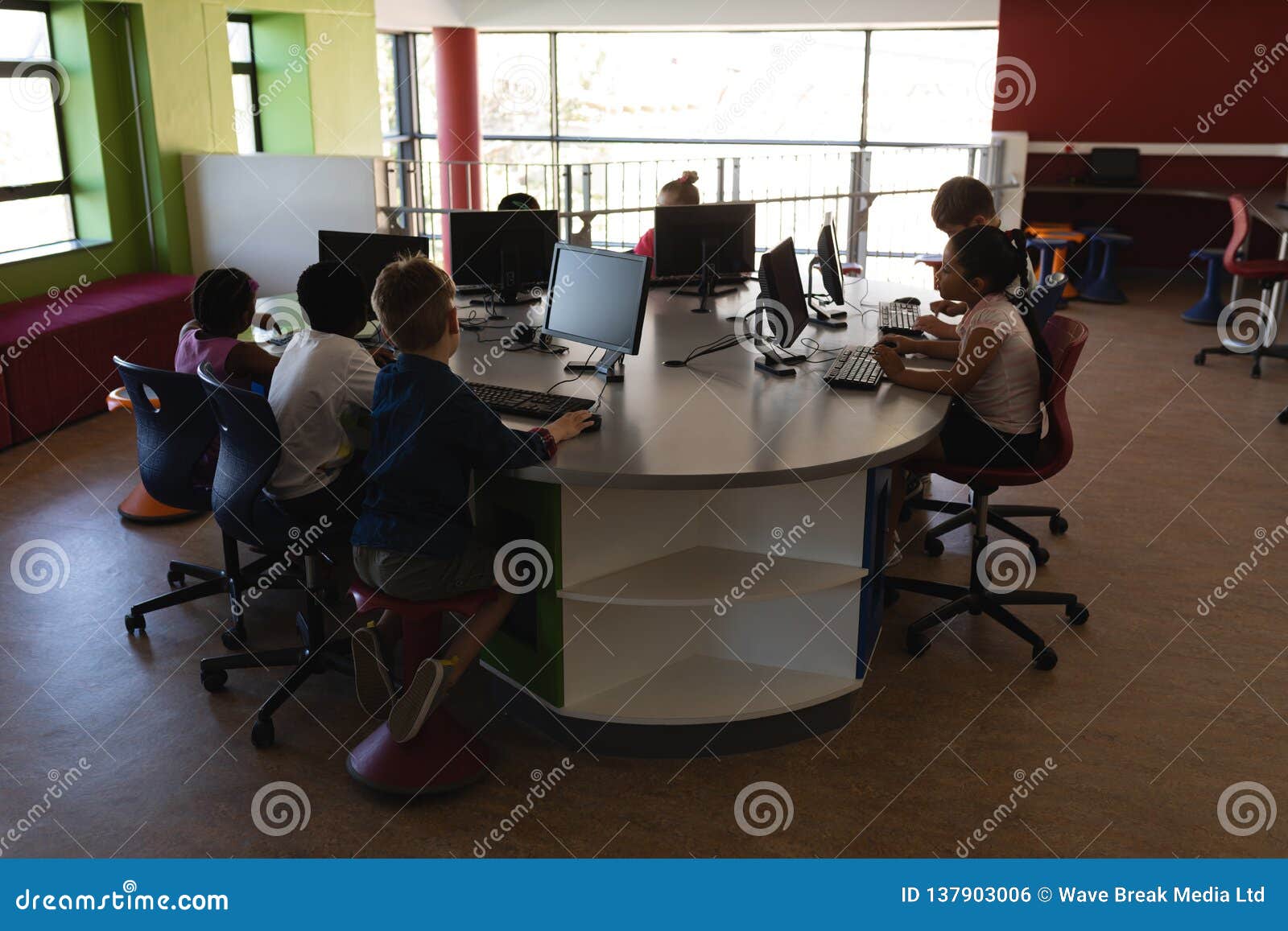 Group of Schoolkids Studying on Desktop Pc in School Stock Photo ...