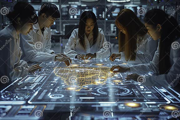 Group of Scientists Using Futuristic Touchscreen Technology in a High ...