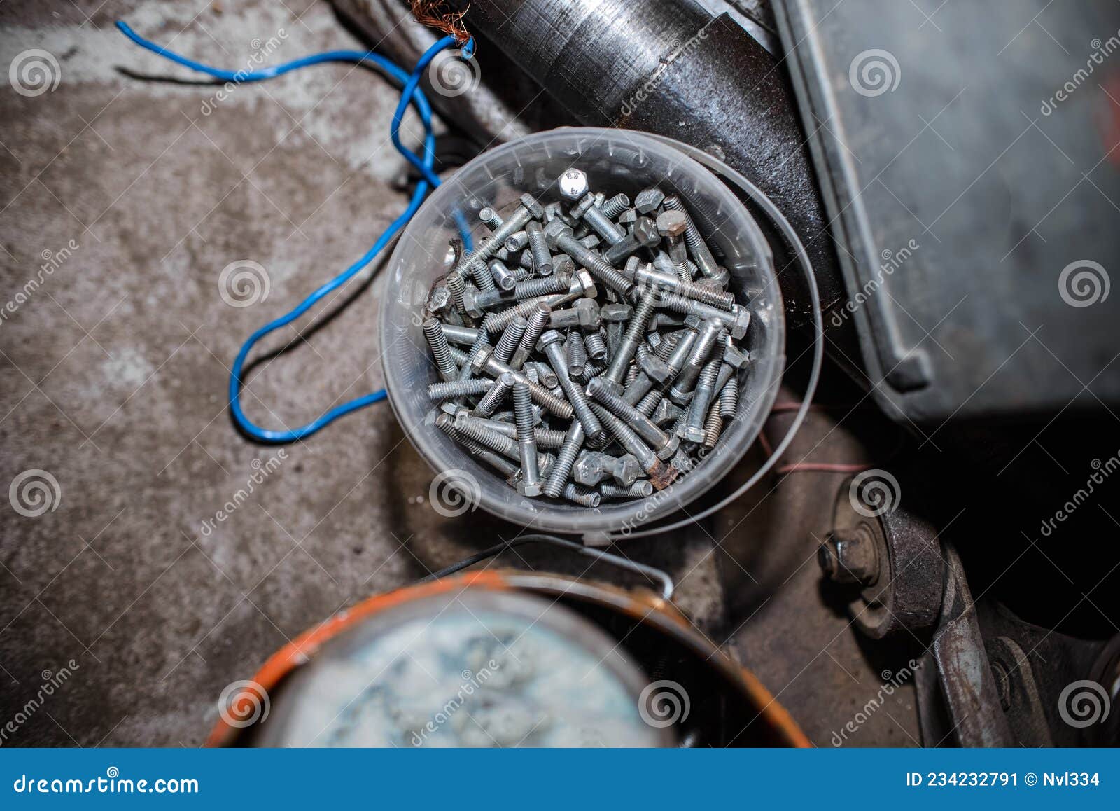 Group of Screws in Bucket in Garage, Top View Stock Image - Image of ...