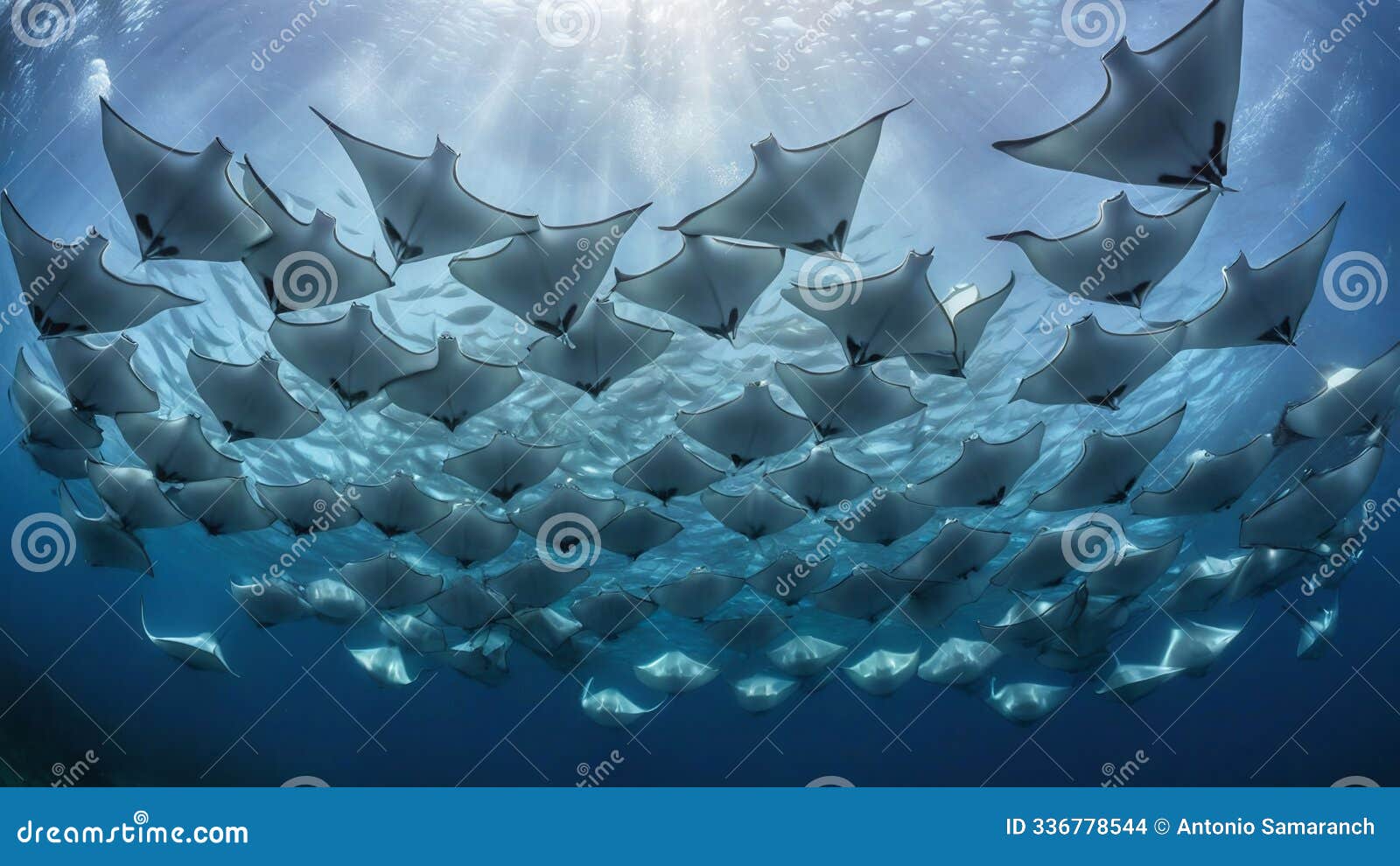 A Group of Sea Rays Swim in the Ocean, Bottom-up View Stock ...