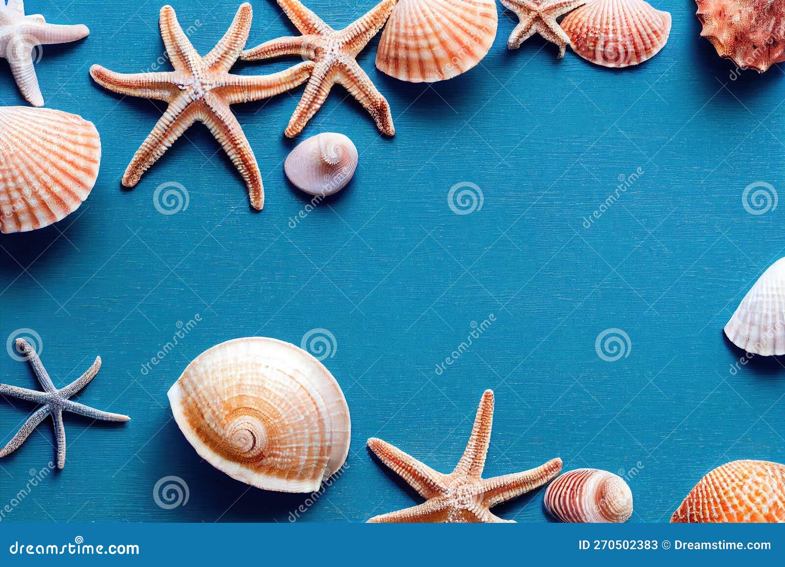 A Group of Sea Shells Arranged in a Circle on a Blue Background with a ...
