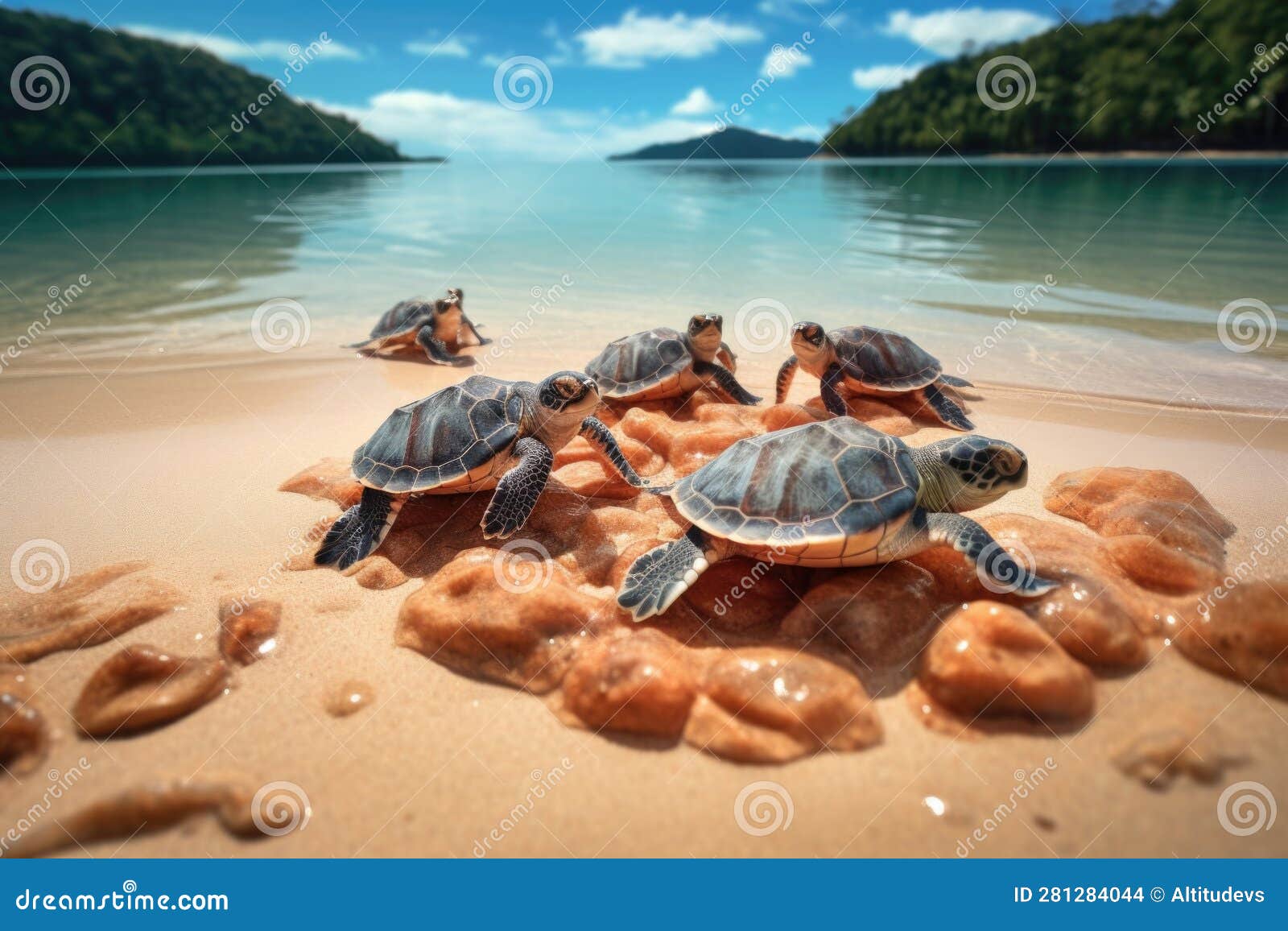 Group of Sea Turtles Hatching on Sandy Beach Stock Illustration ...