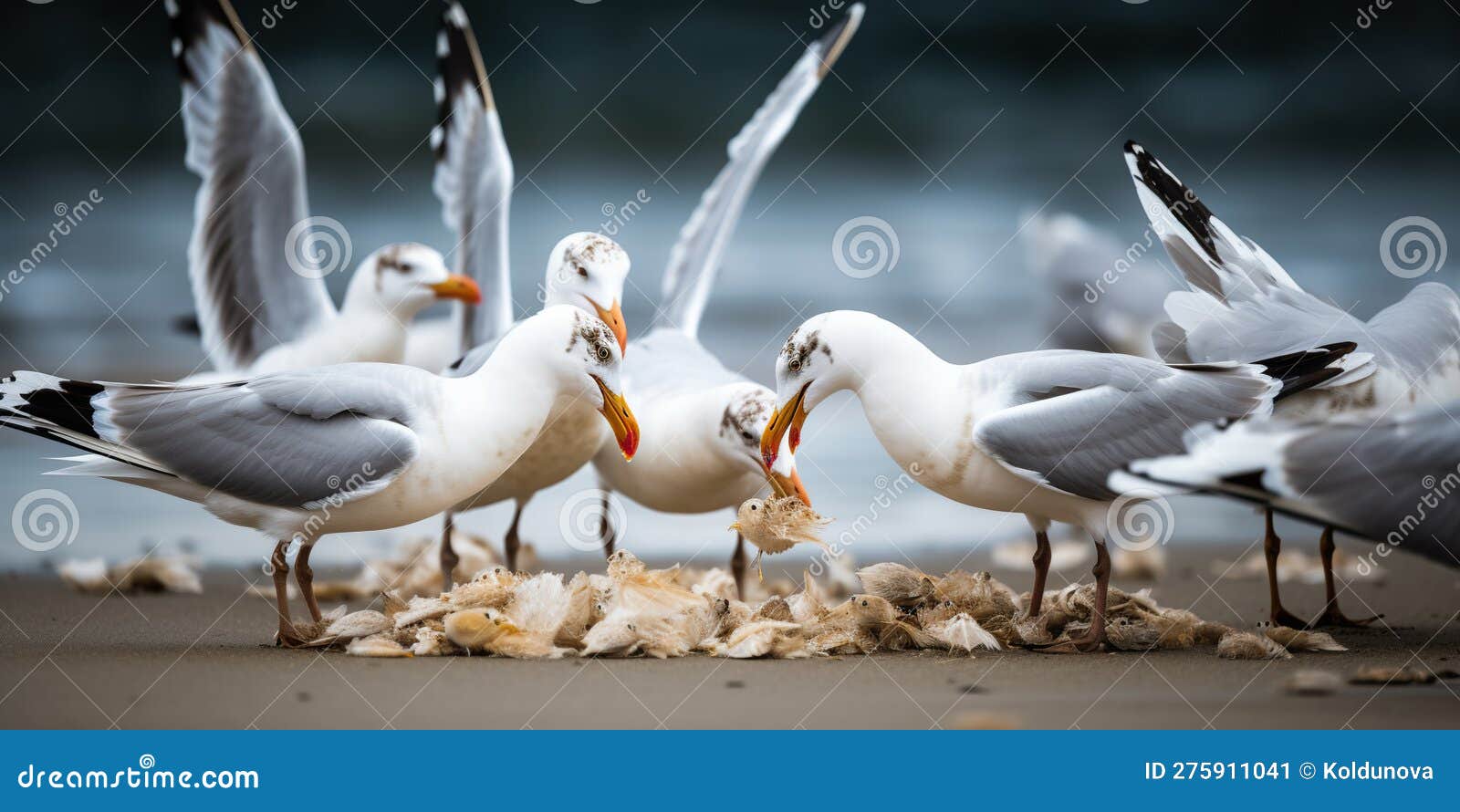 A Group of Seagulls Fighting Over a Piece of Bread on a Beach, Concept ...