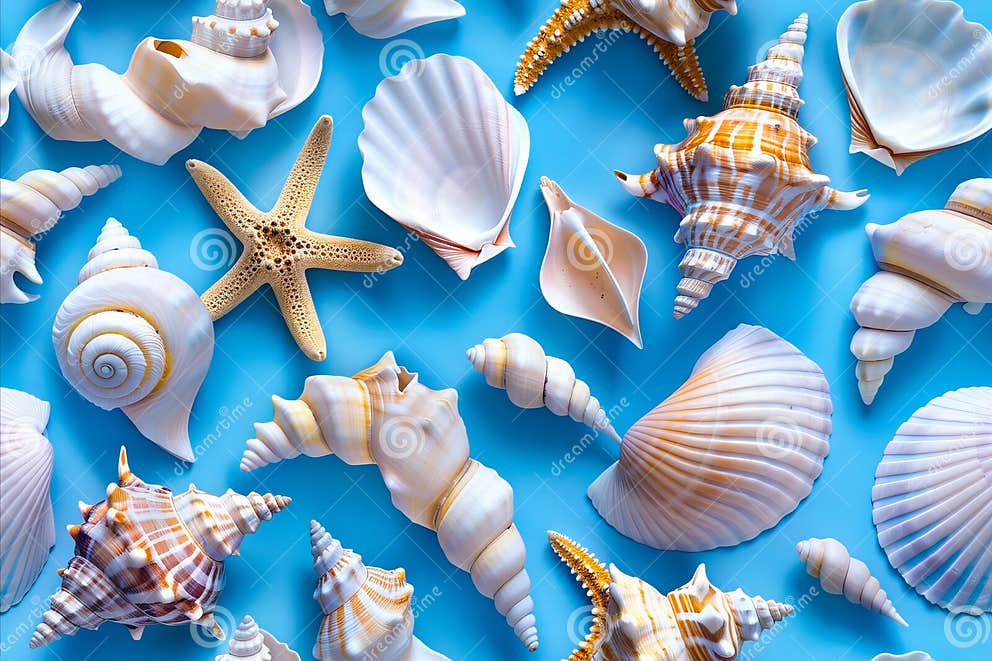 A Group of Seashells on a Blue Background Stock Image - Image of ...