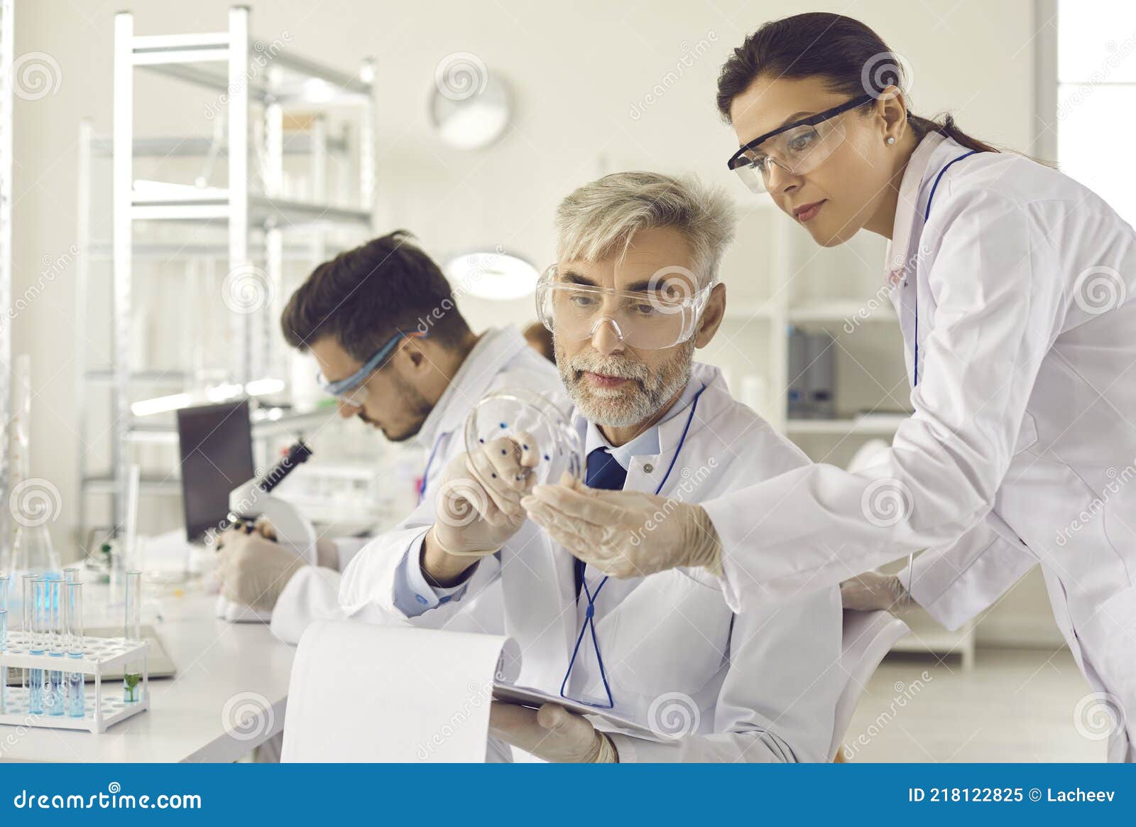 Group of Serious Scientists with Petri Dish Doing Microbiological ...