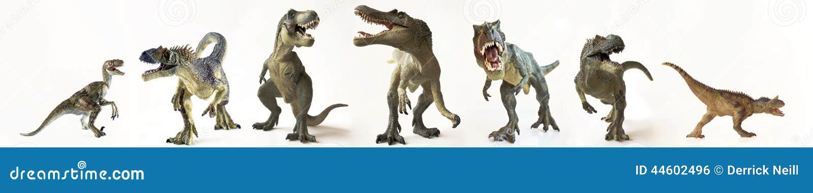 A Group of Seven Dinosaurs in a Row Stock Photo - Image of carnotaurus ...