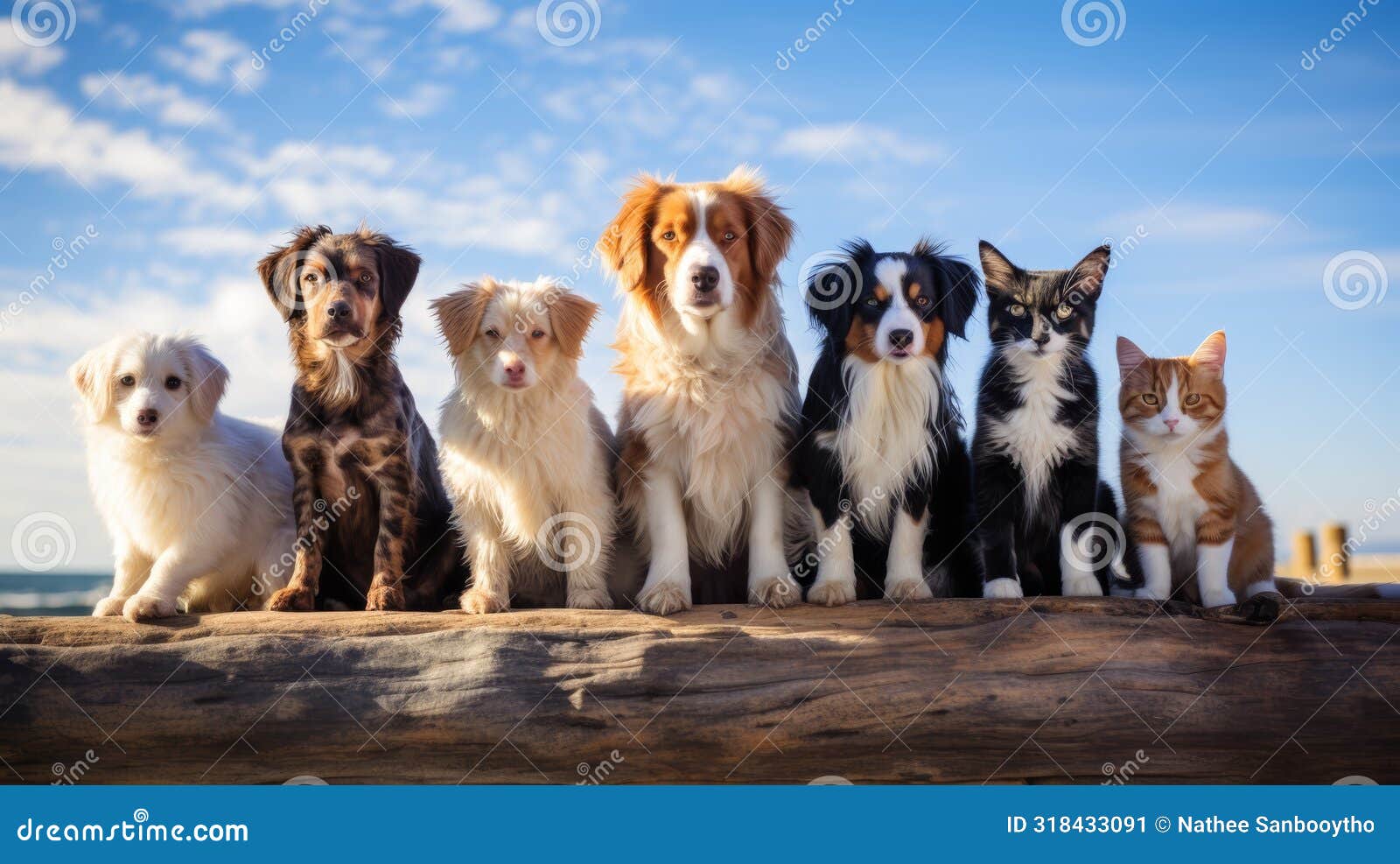 A Group of Seven Dogs and a Cat Sitting on a Log Outdoors Stock ...