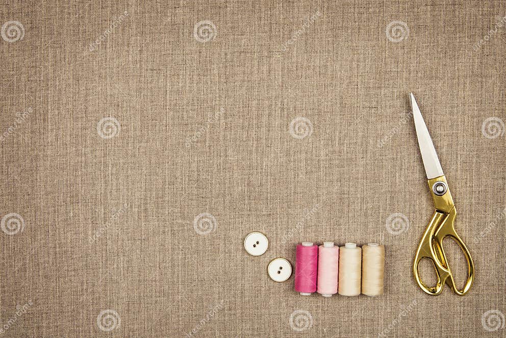 Group of Sewing Objects Lying Flat on a Natural Linen Stock Photo ...
