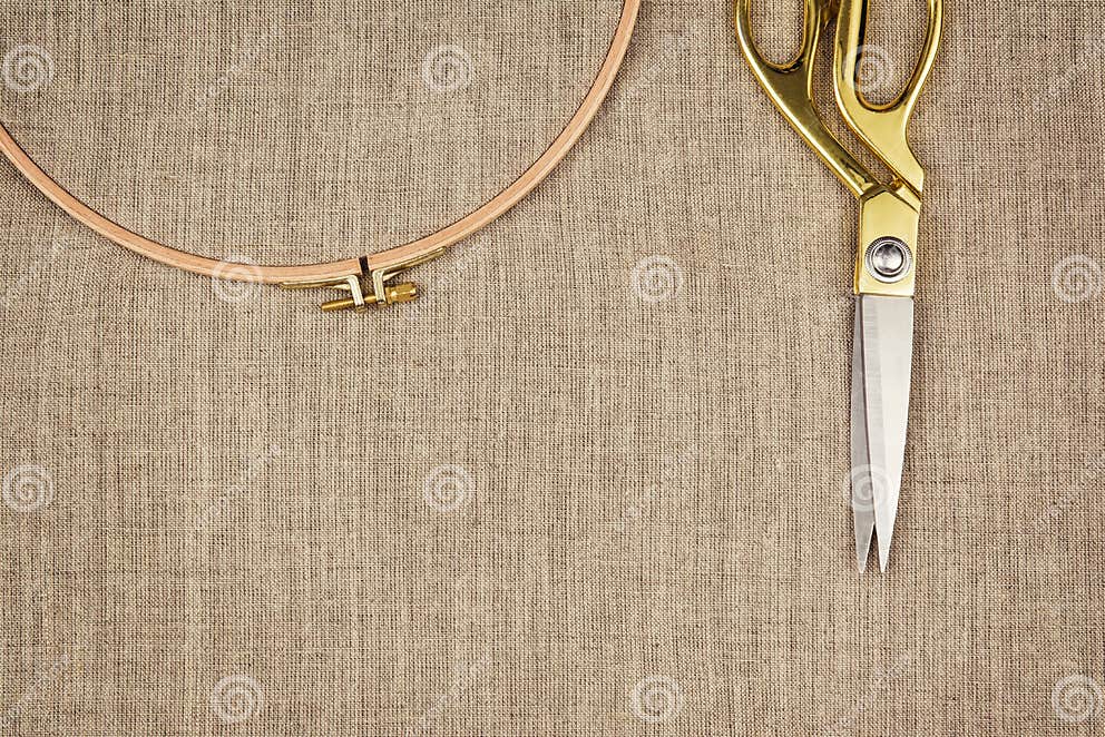 Group of Sewing Objects Lying Flat on a Natural Linen Stock Photo ...