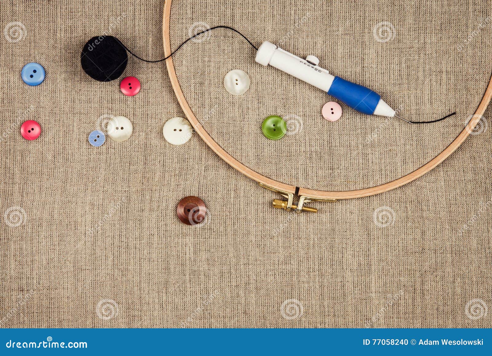 Group of Sewing Objects Lying Flat on a Natural Linen Stock Photo ...