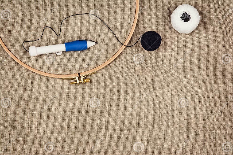Group of Sewing Objects Lying Flat on a Natural Linen Stock Image ...