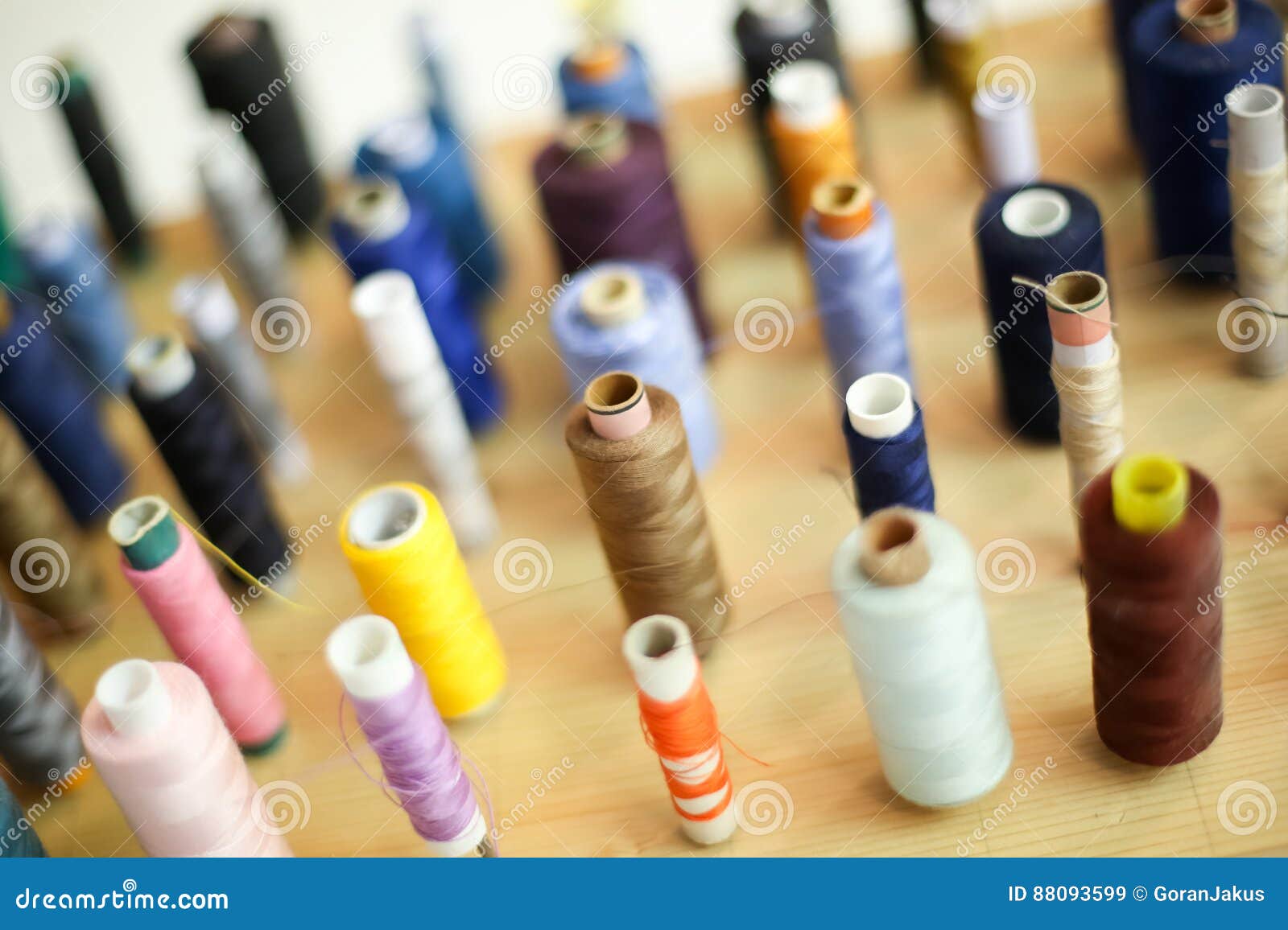 Group of Sewing Threads on Wooden Board Stock Image - Image of craft ...