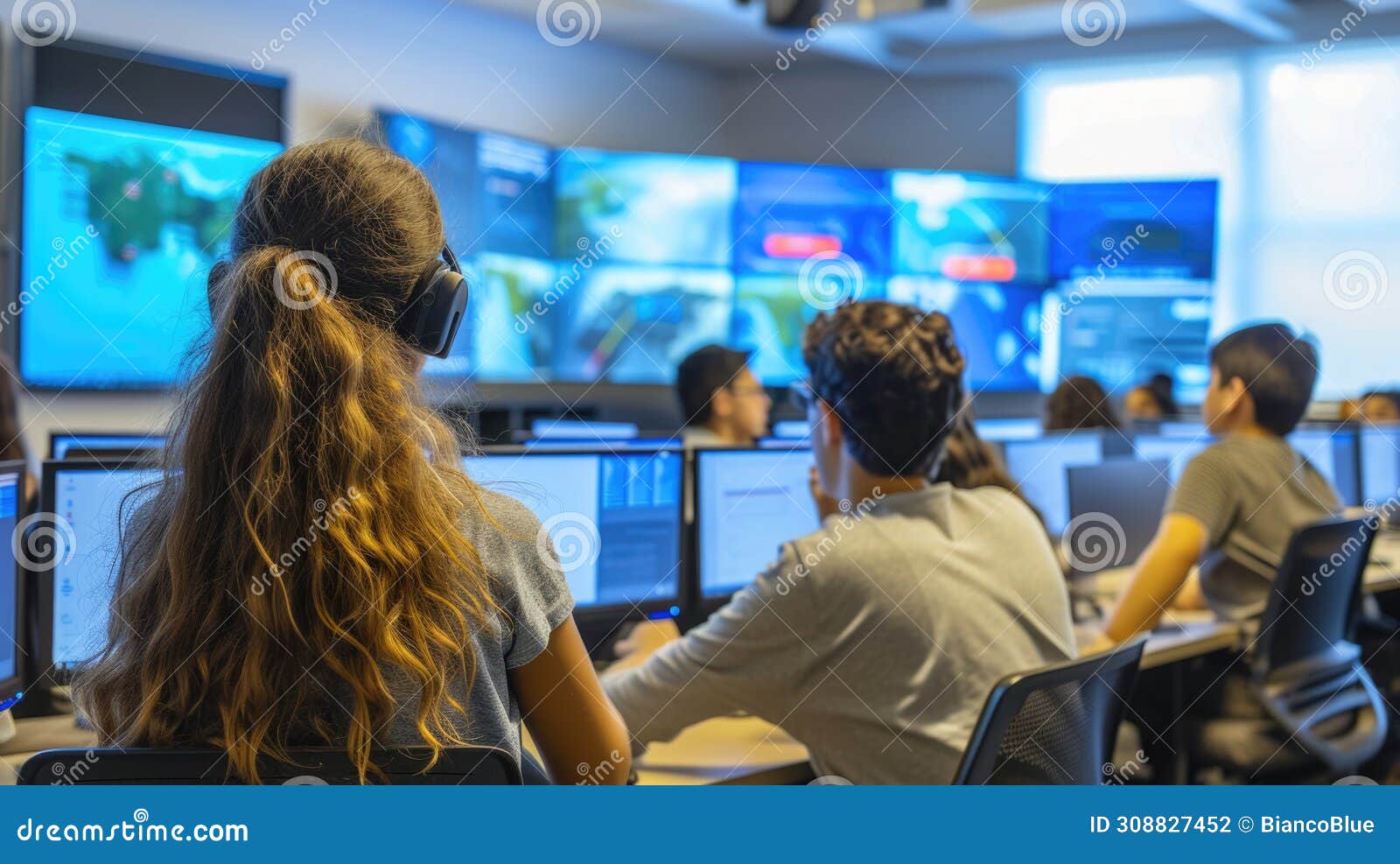 Group Sharing Computer Monitors in Lab at Computer Table. AIG41 Stock ...