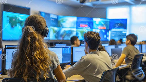 Group Sharing Computer Monitors in Lab at Computer Table. AIG41 Stock ...
