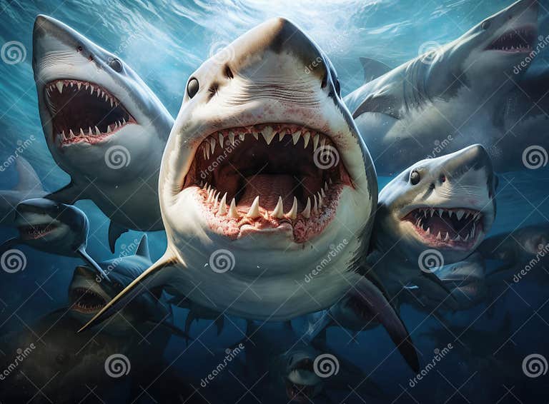 A group of sharks stock photo. Image of animals, blue - 289760846