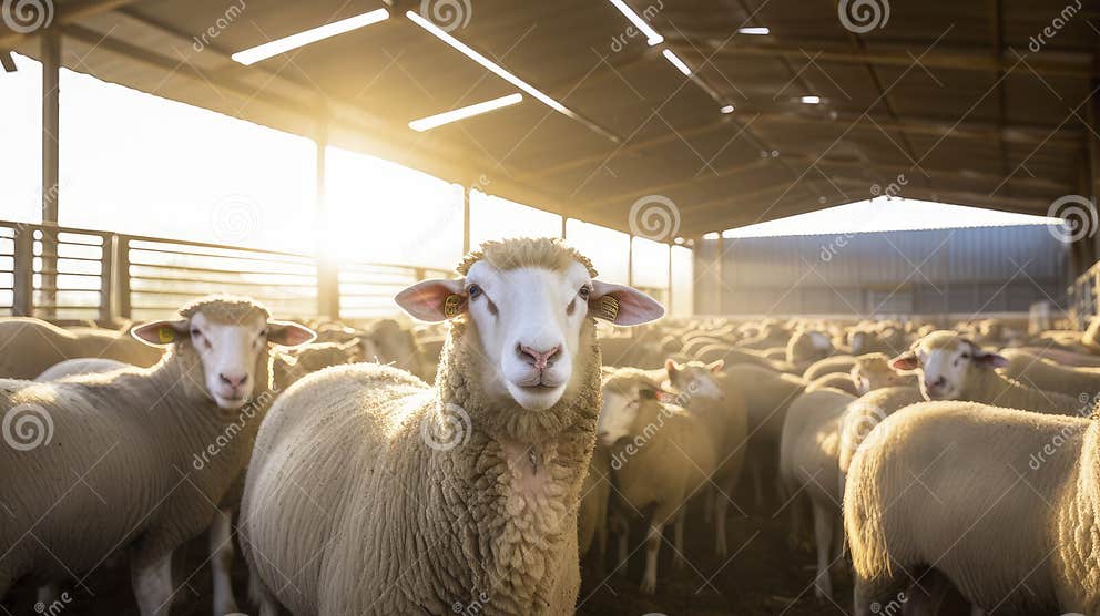 Herd of Sheep Standing Inside Barn Stock Image - Image of wooden ...