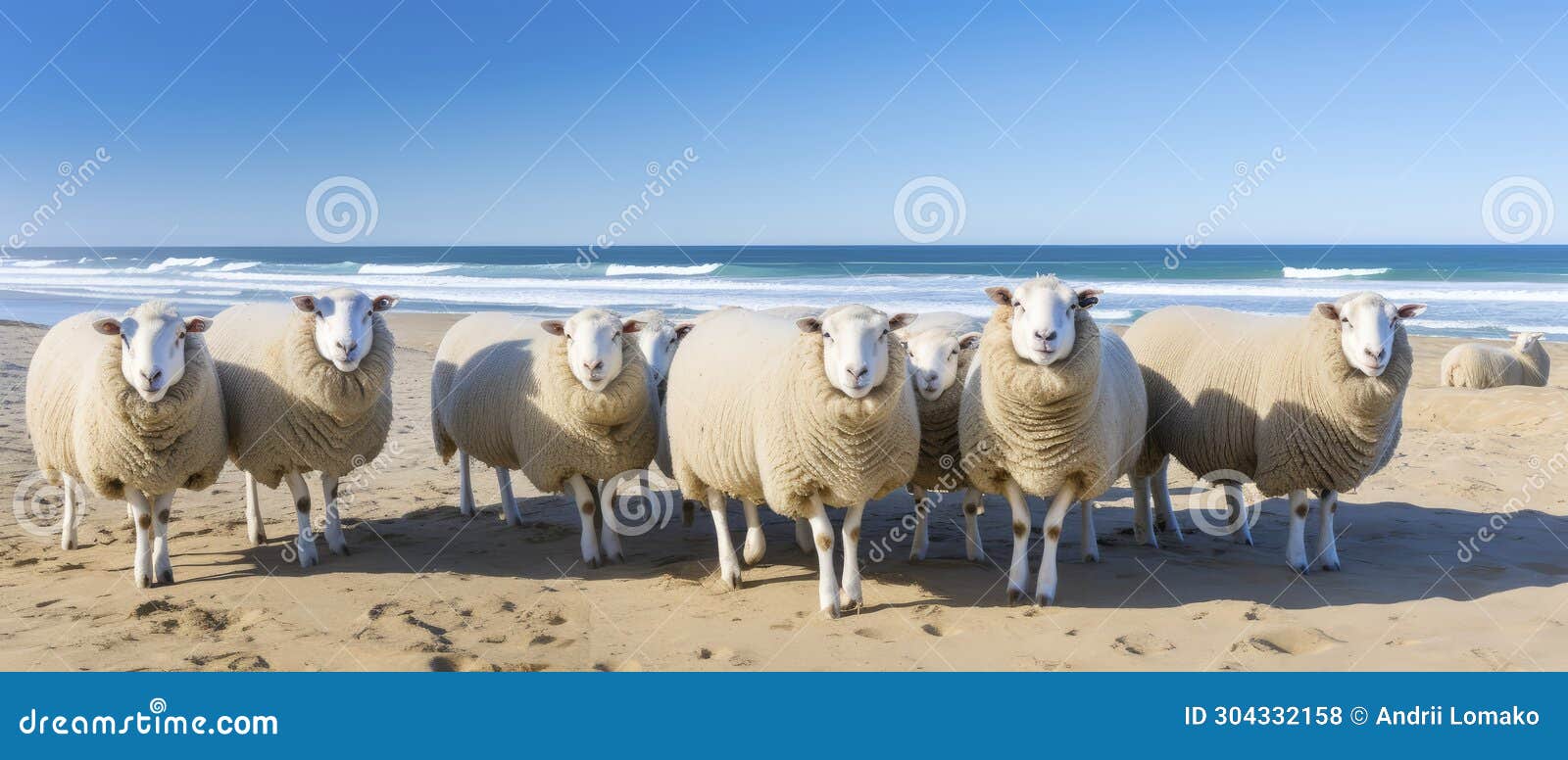 Herd of Sheep Standing on Top of Sandy Beach Stock Photo - Image of ...