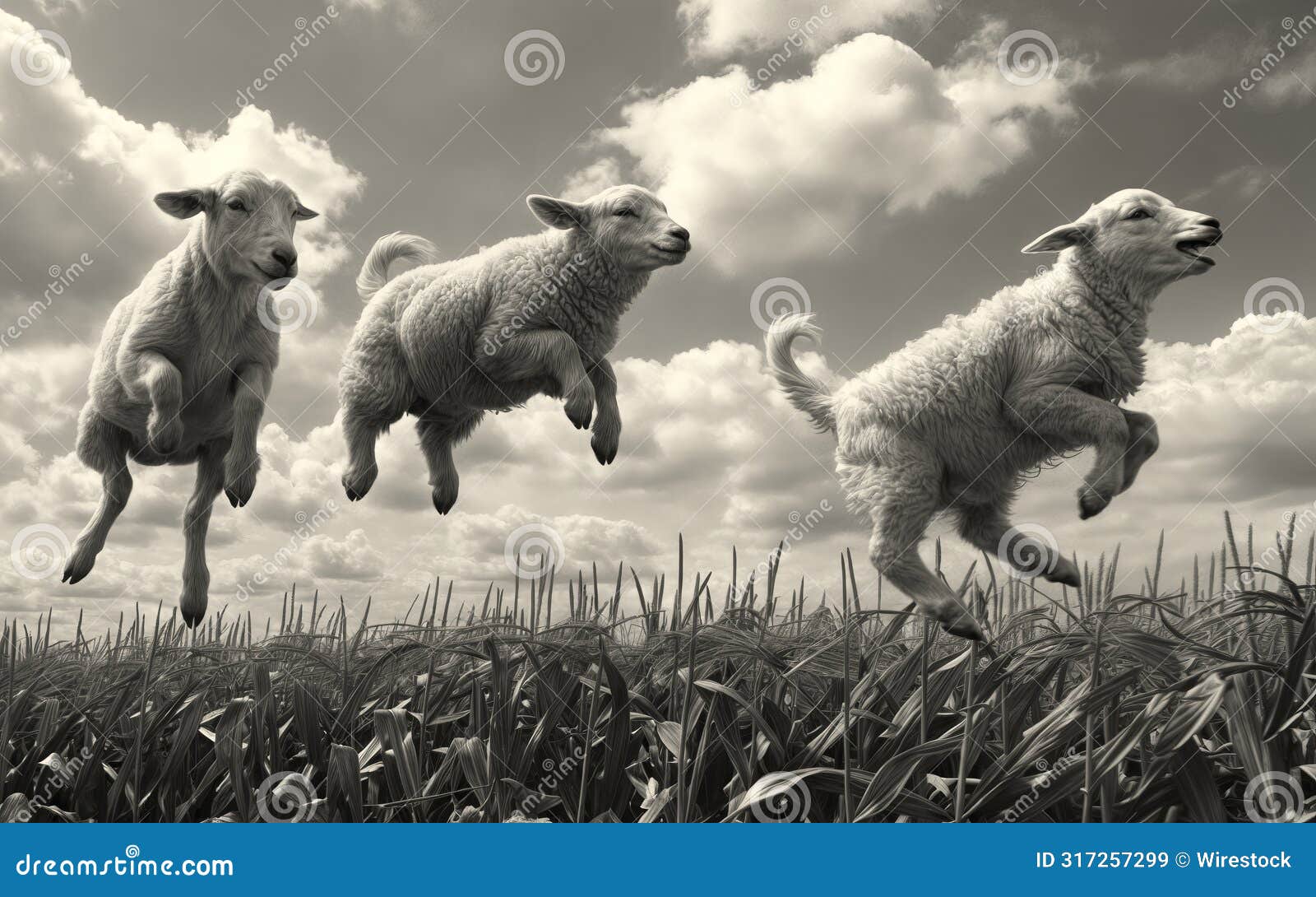Group of Sheep Running Uphill on Grassy Terrain Under Cloudy Skies, AI ...
