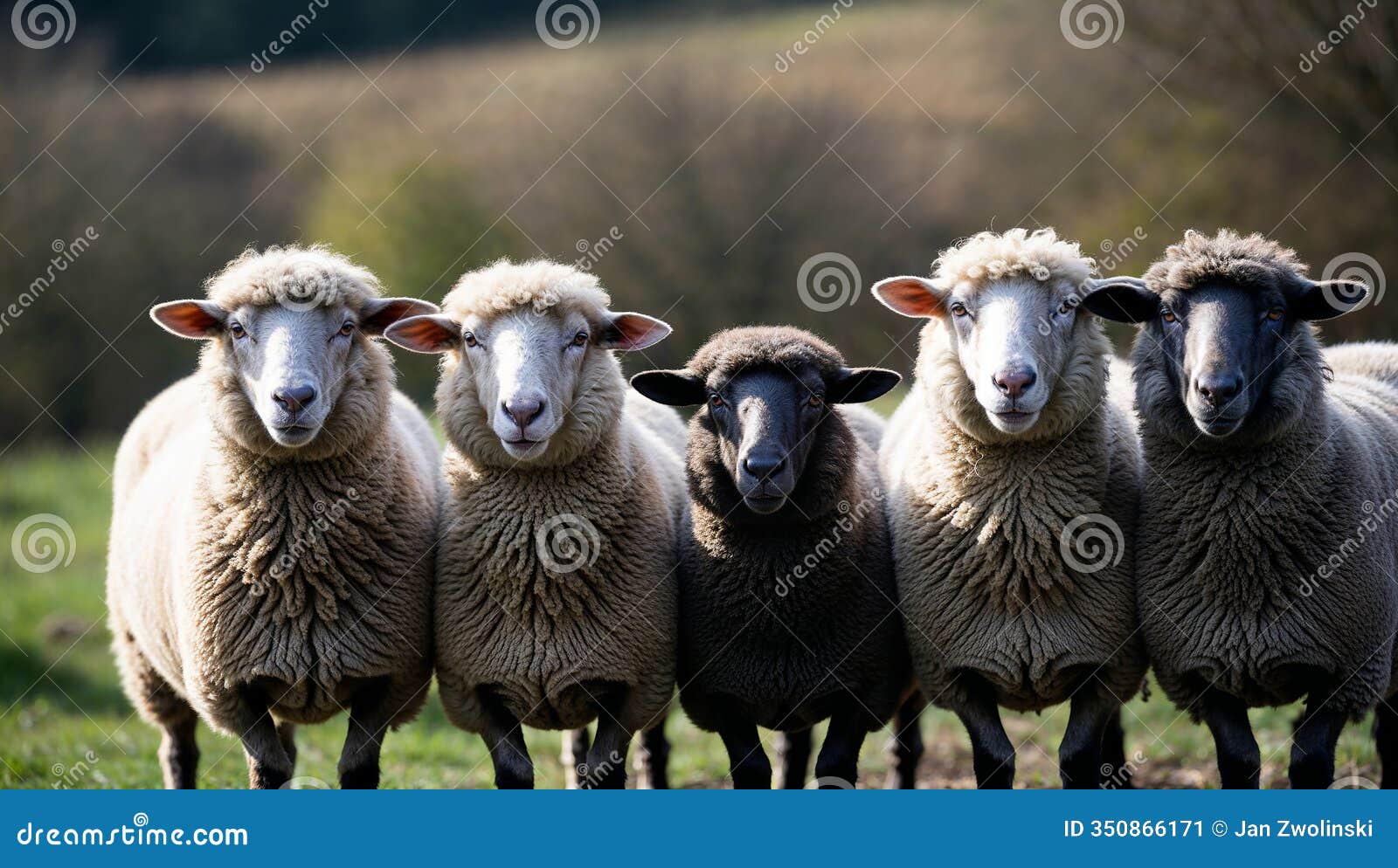 Group of Sheep Standing in Green Field Looking Forward Stock ...