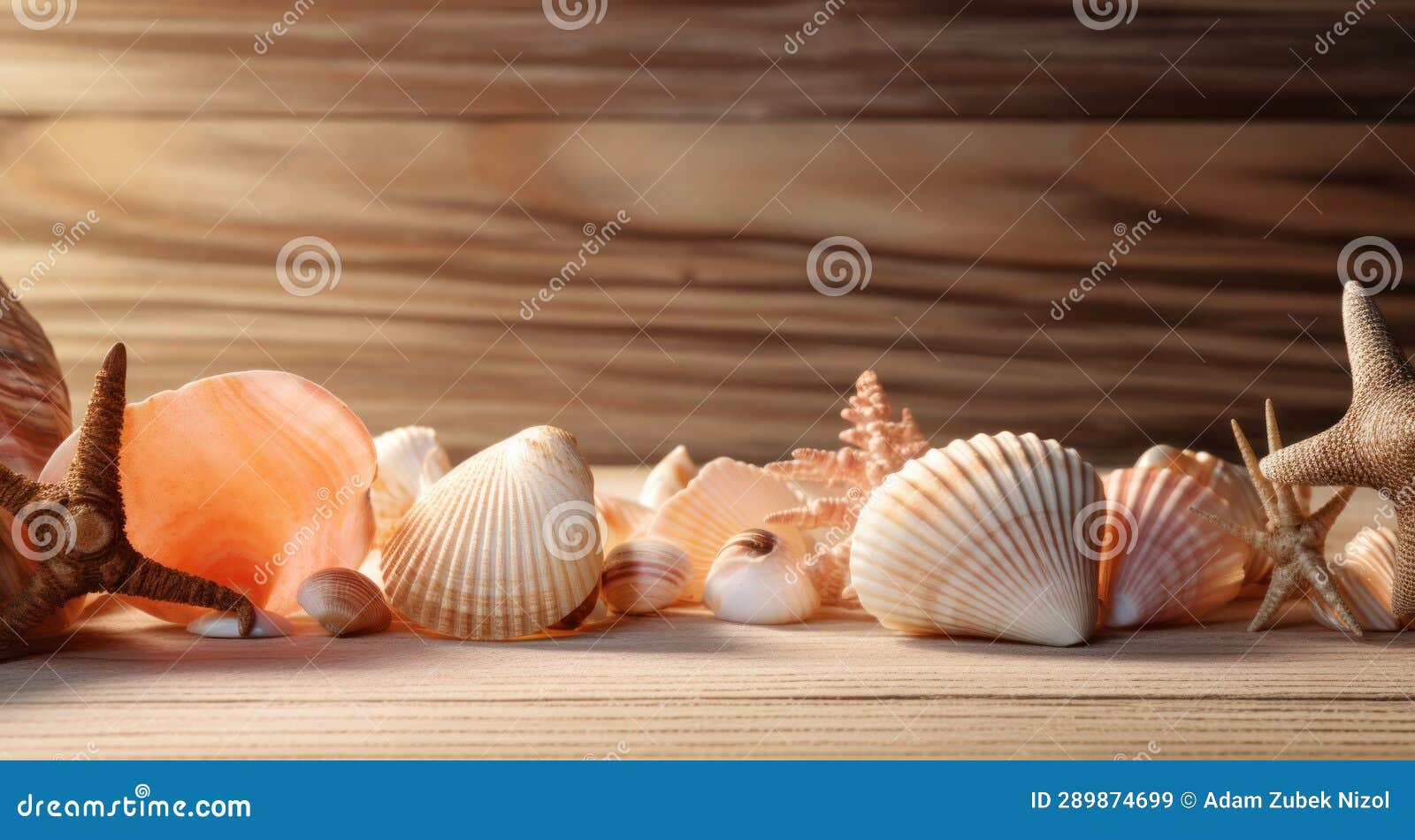 A Group Of Sea Shells On A Blue Wooden Surface With One Starfish And ...