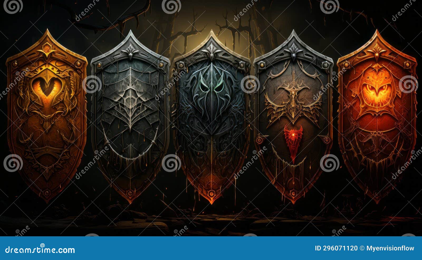 A Group of Shields with Designs Stock Illustration - Illustration of ...
