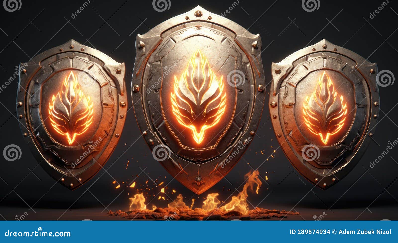 A Group of Shields with Flames Stock Illustration - Illustration of ...