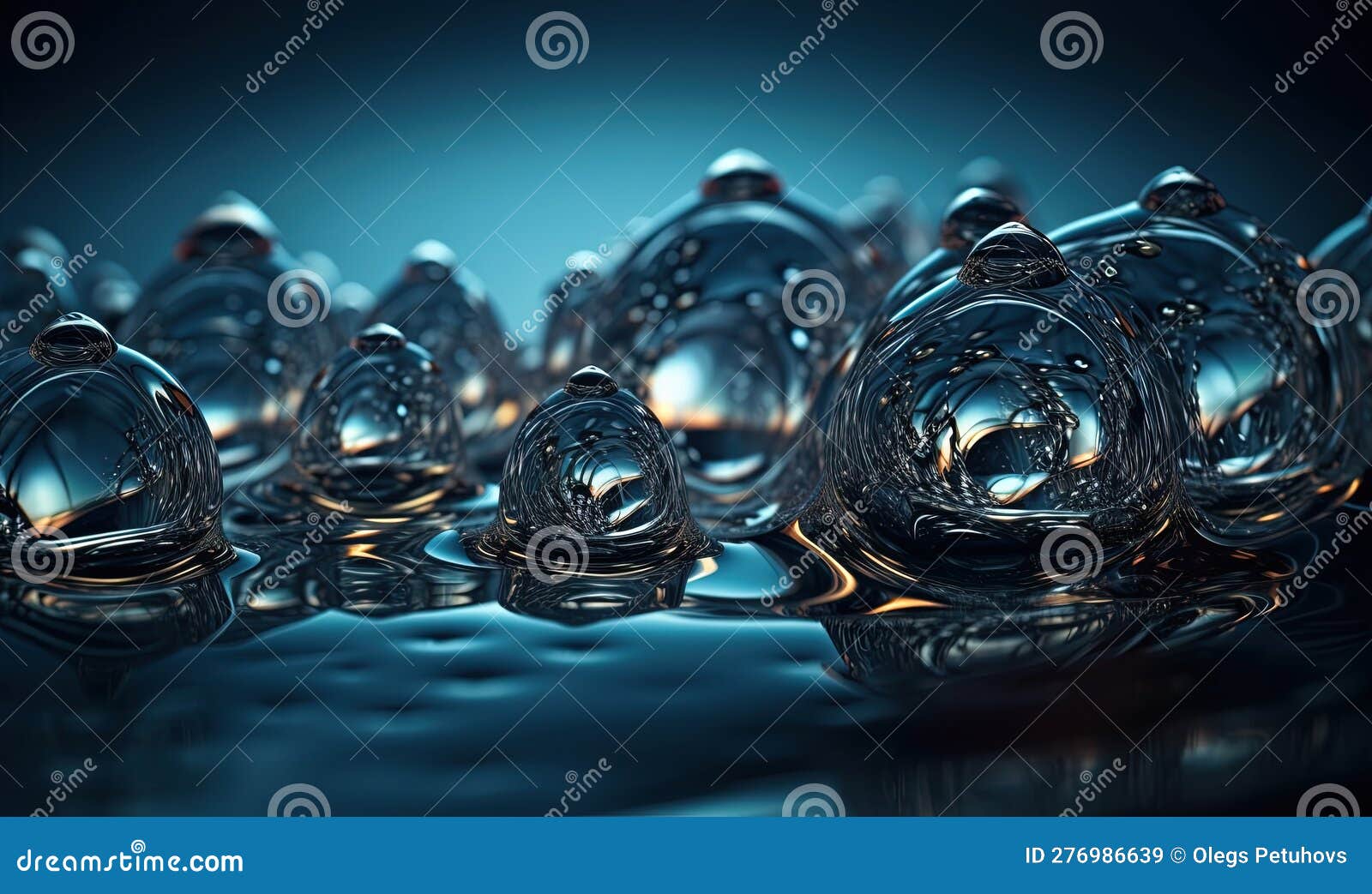 A Group of Shiny Glass Objects on a Reflective Surface with a Blue ...