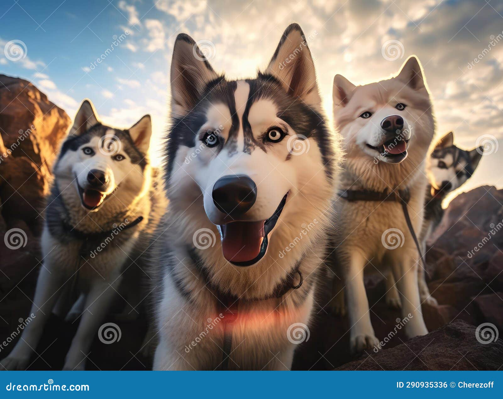 A Group of Siberian Huskies Stock Photo - Image of looking, group ...