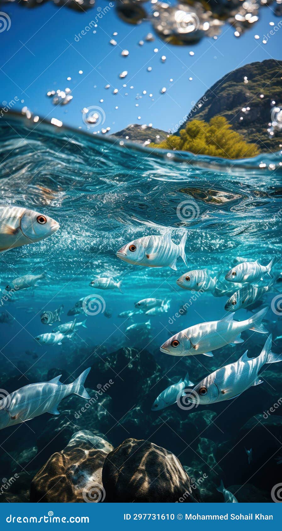 Group of Silver Sardines Swimming in Ocean Seascape Blurry Background ...