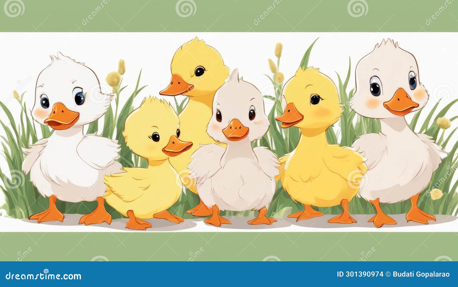 A Group of Six Baby Ducks Standing in the Grass Stock Illustration ...