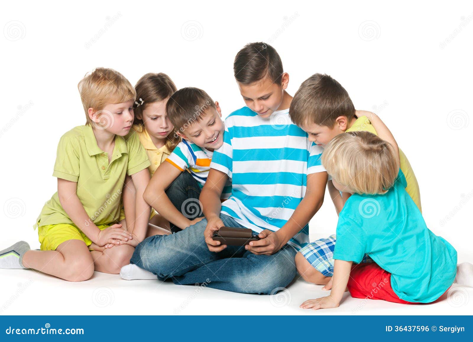 Group of Six Children with a New Gadget Stock Photo - Image of preteen ...