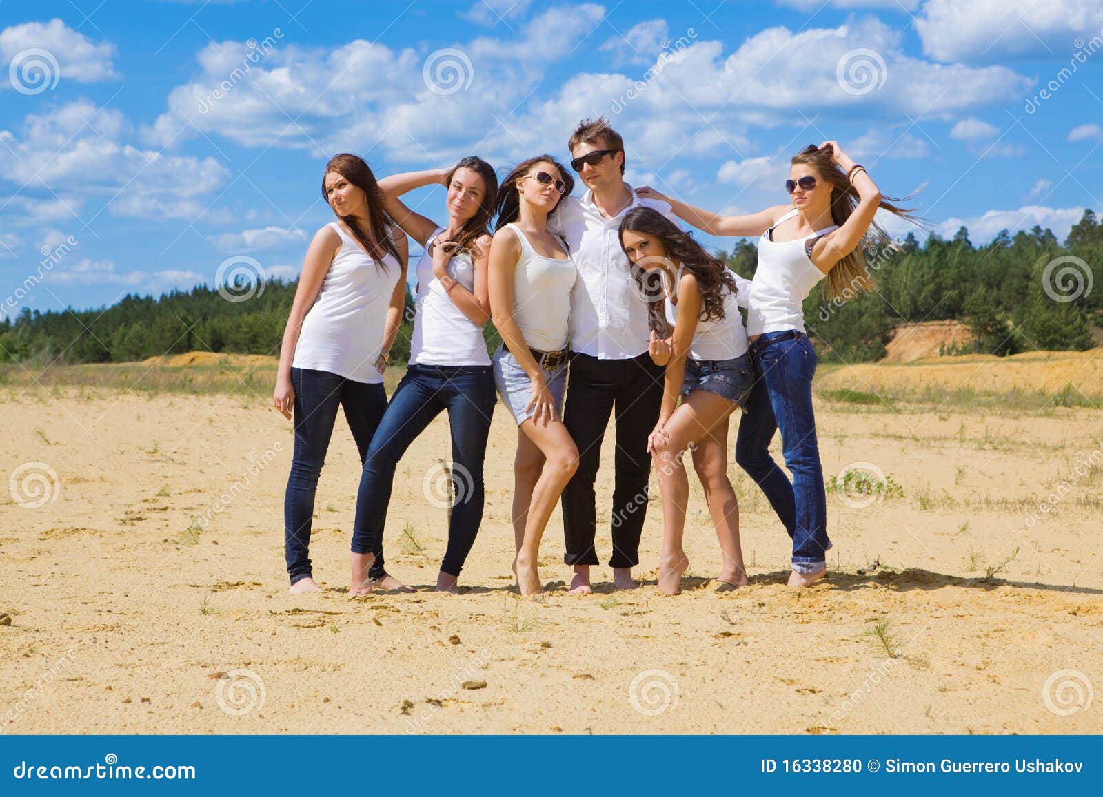 Group of Six Friends All in Blue Jeans and White Stock Photo - Image of ...
