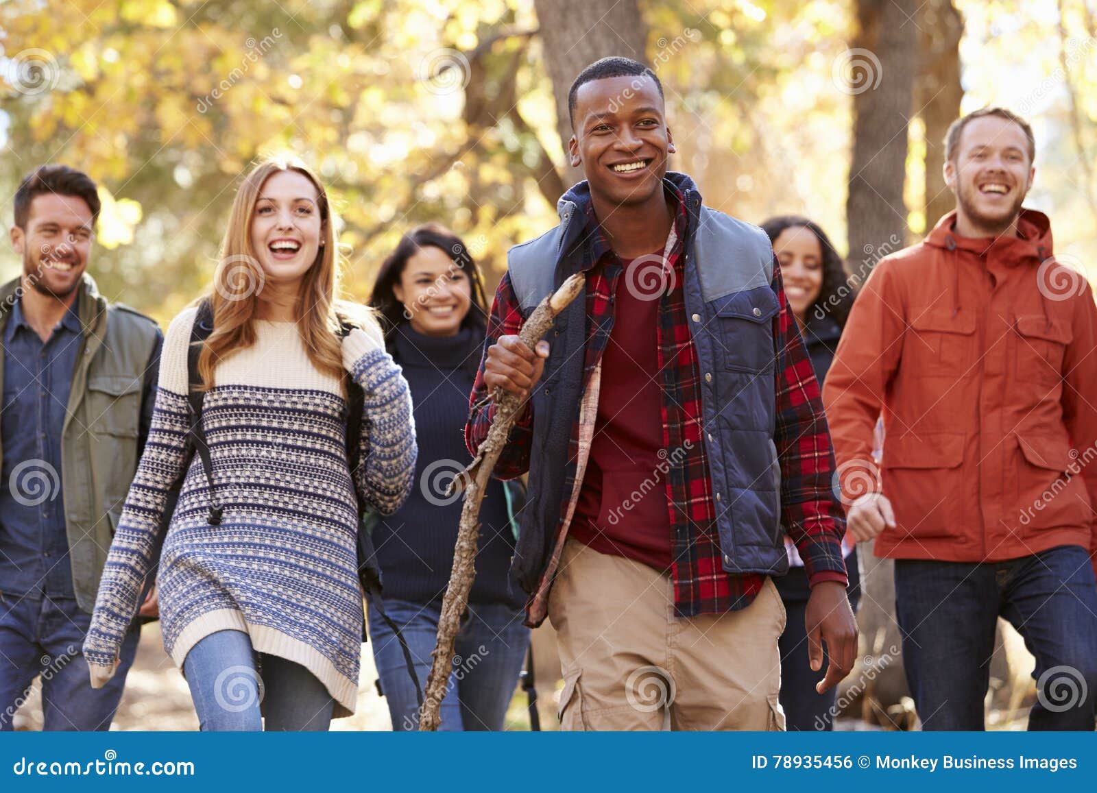 Group of Six Friends Hiking Together through a Forest Stock Photo ...