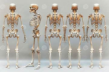 Multiple Human Skeletons of Various Sizes Standing in a Row on a Light ...