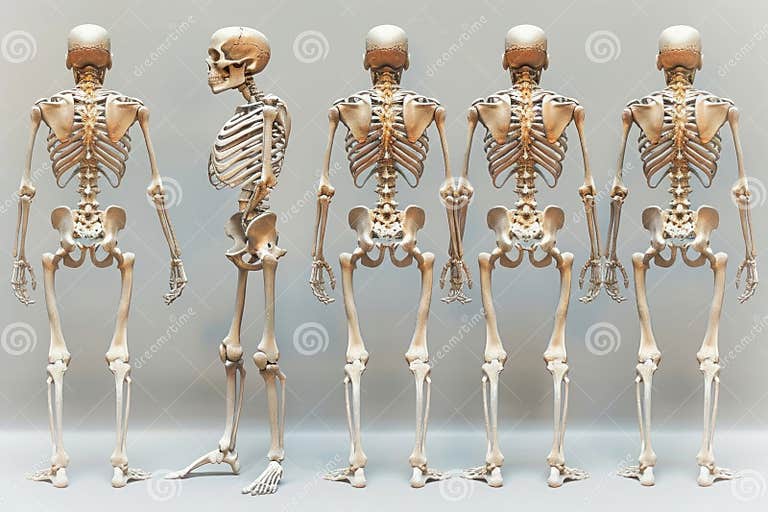 Multiple Human Skeletons of Various Sizes Standing in a Row on a Light ...