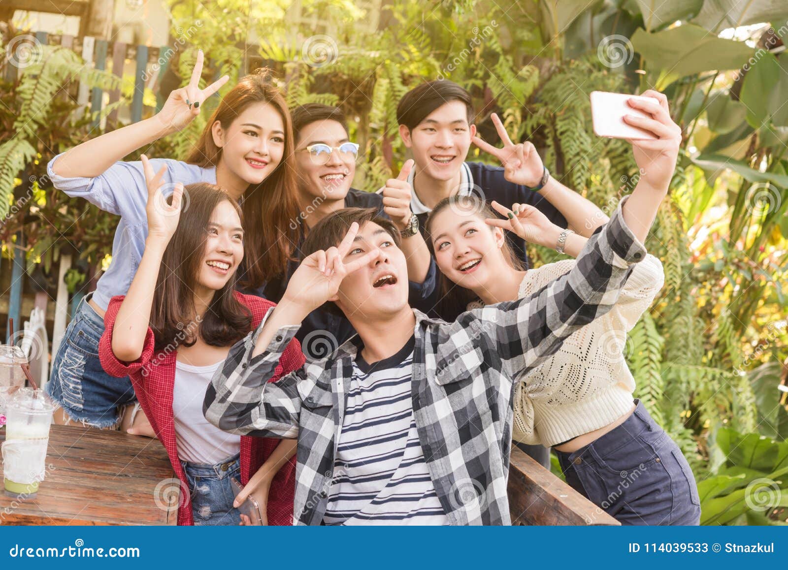 Group of Six Teenagers Taking Selfie with Fun Together in Afternoon ... Group of Six Teenagers Taking Selfie with Fun Together in Afternoon ...