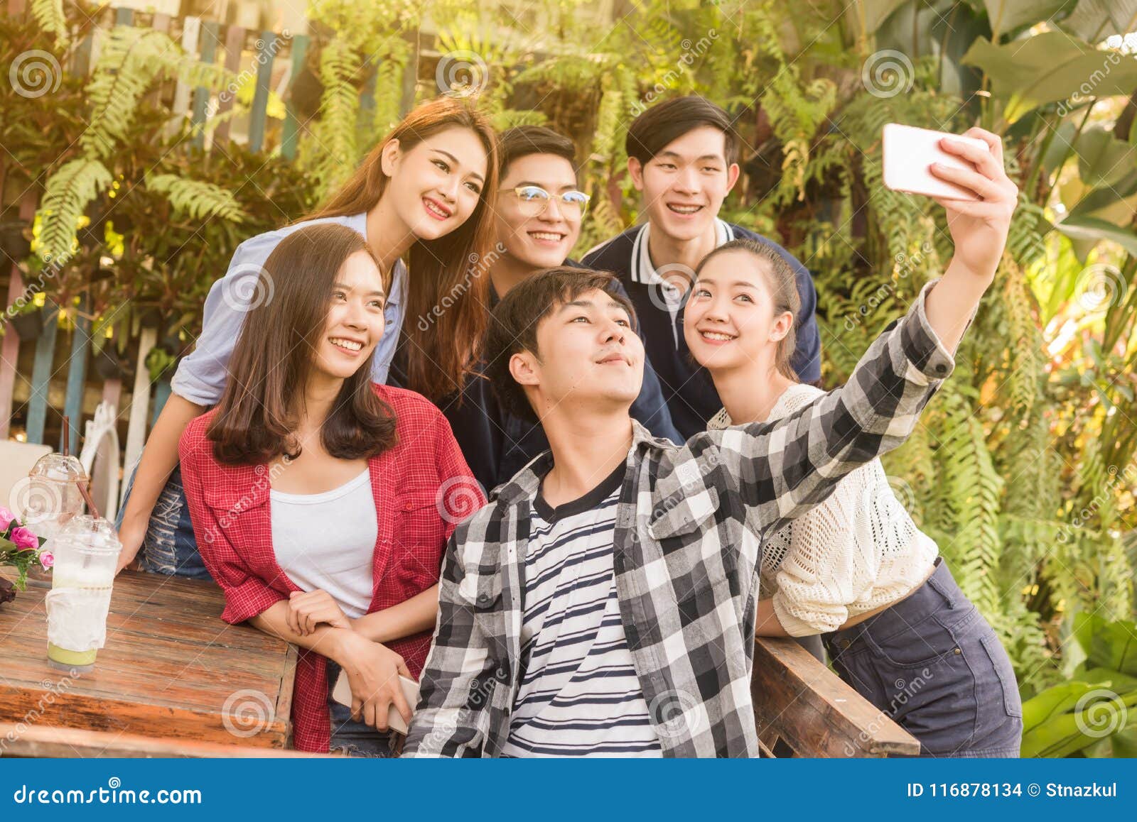 Group of Six Teenagers Taking Selfie with Fun Together in Afternoon ... Group of Six Teenagers Taking Selfie with Fun Together in Afternoon ...