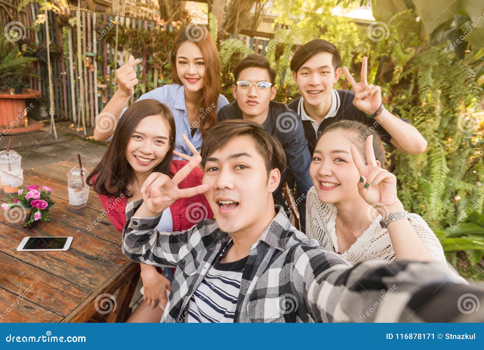Group of Six Teenagers Taking Selfie with Fun Together in Afternoon ... Group of Six Teenagers Taking Selfie with Fun Together in Afternoon ...