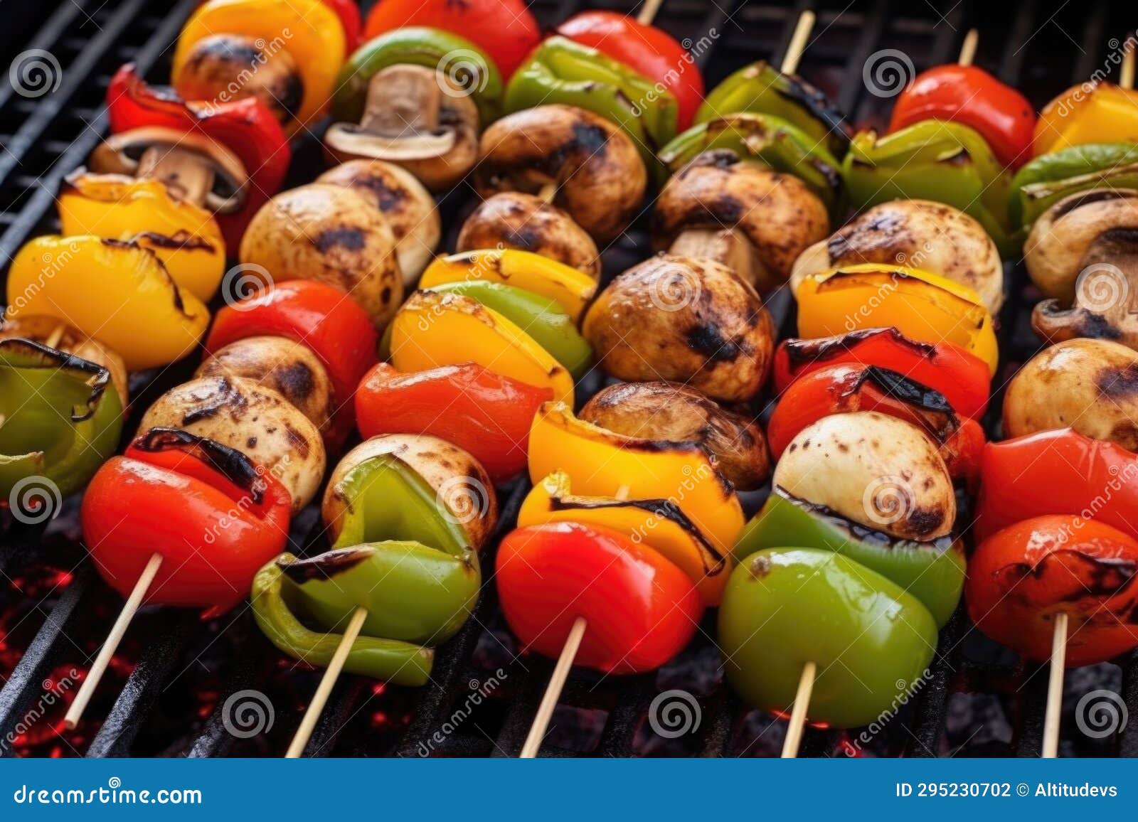 Group of Skewered Mushrooms and Capsicums Showing Grill Marks Stock ...