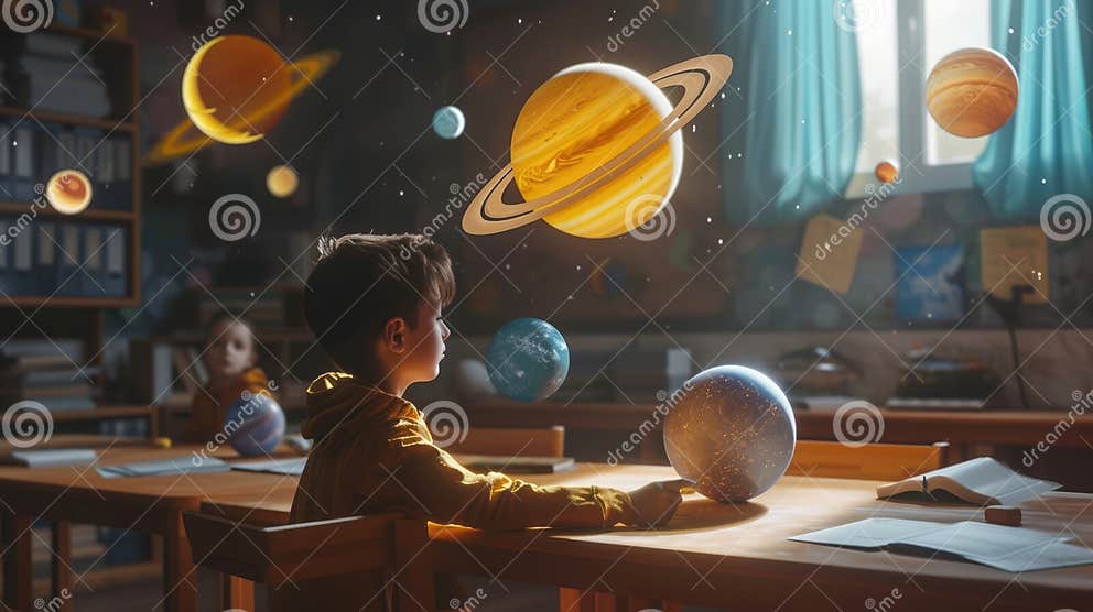 Smart Elementary Student Studying about Astronomy and Space at ...