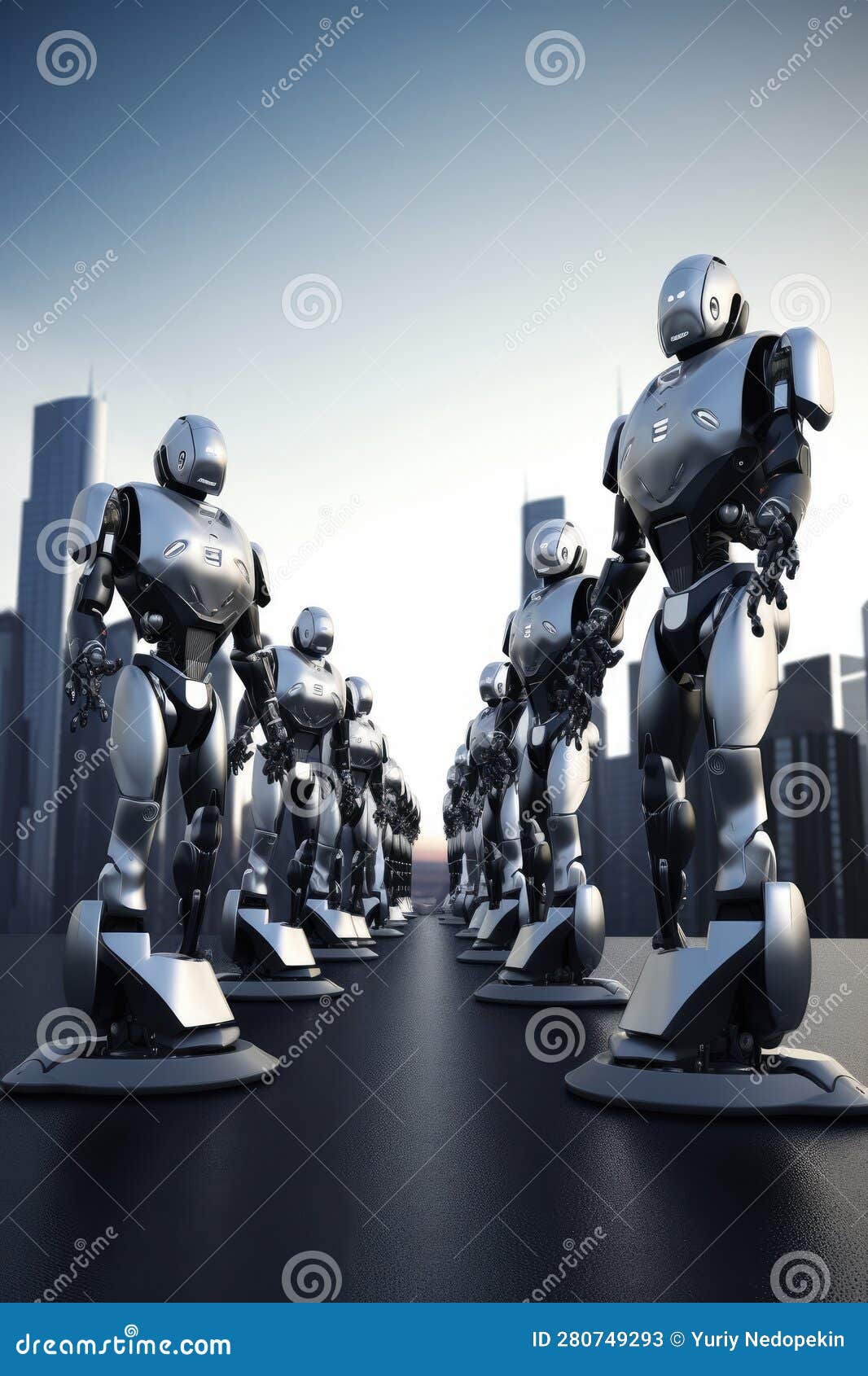 Sophisticated Robots Stand are Arranged in a Row, Backdrop of a ...