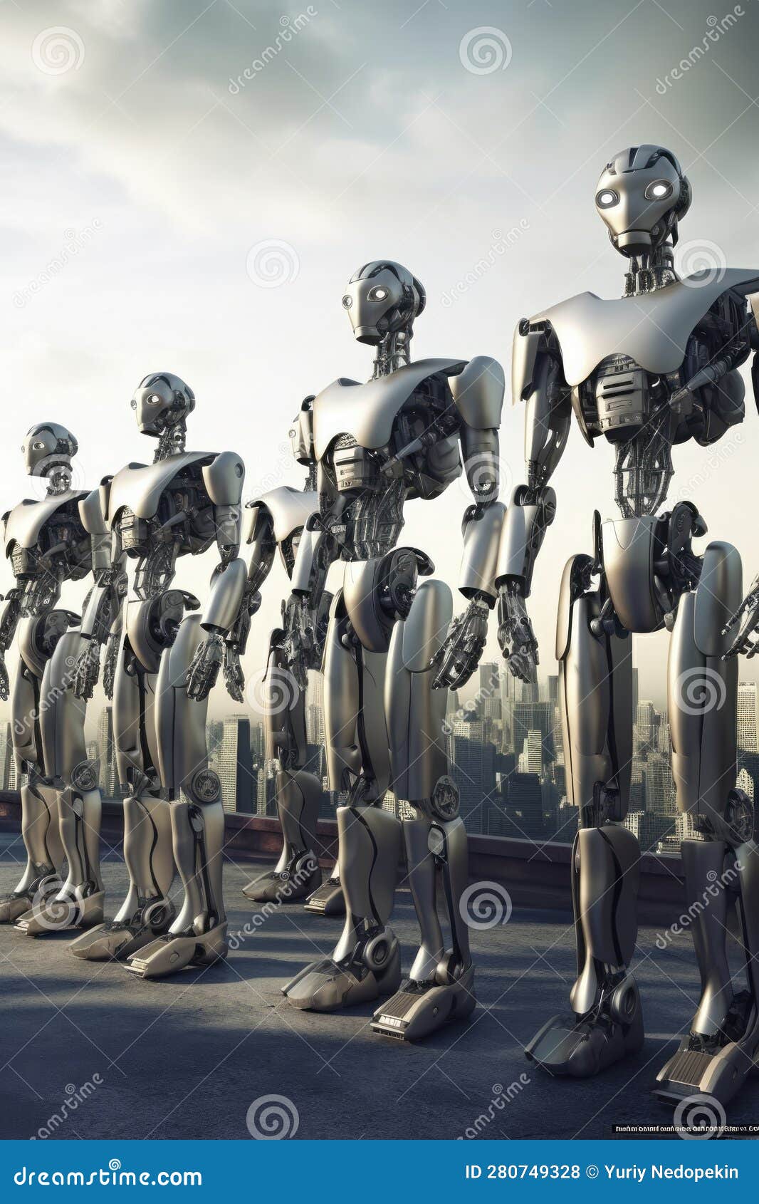 Sophisticated Robots Stand are Arranged in a Row, Backdrop of a ...