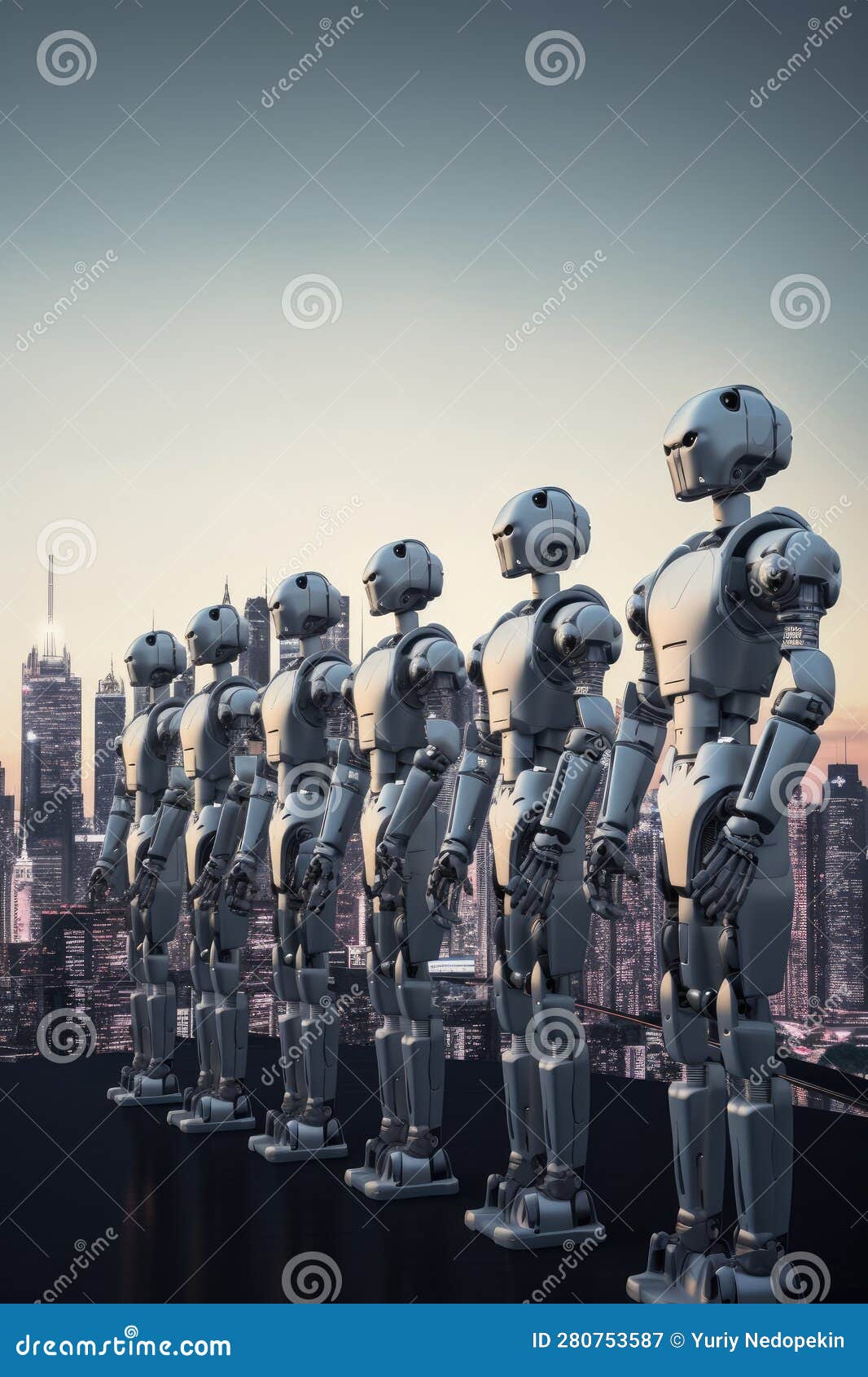 Sophisticated Robots Stand are Arranged in a Row, Backdrop of a ...