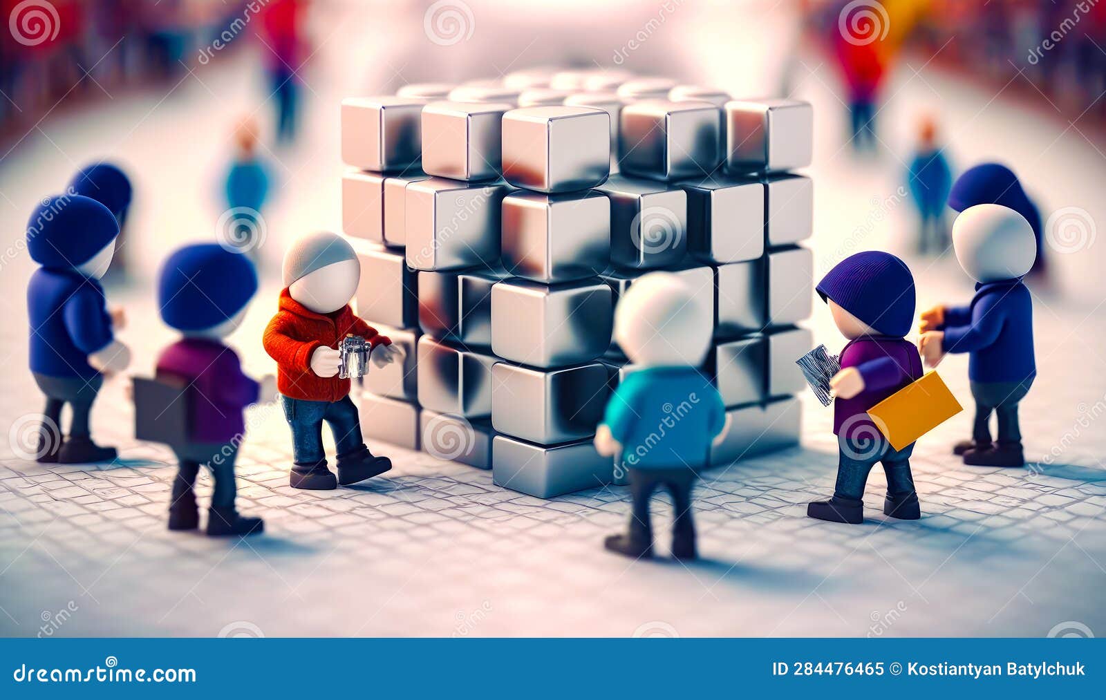 Group of Small Figurines Standing Next To Pile of Cubes. Generative AI ...