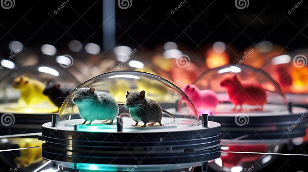 A Group of Small Mice in Glass Domes on a Table, AI Stock Illustration ...